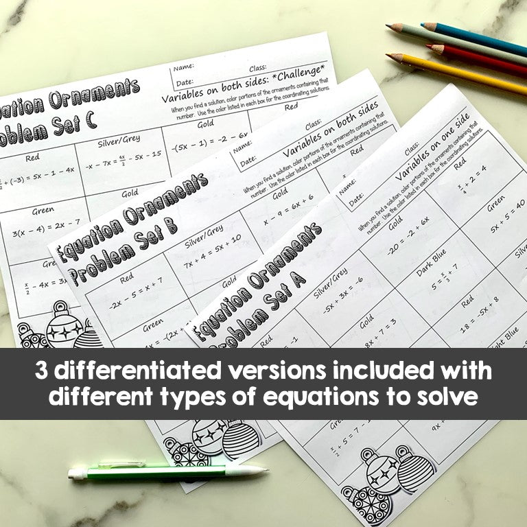 Equation Ornaments: Solve and Color - Solving Algebra Equations for Ch ...