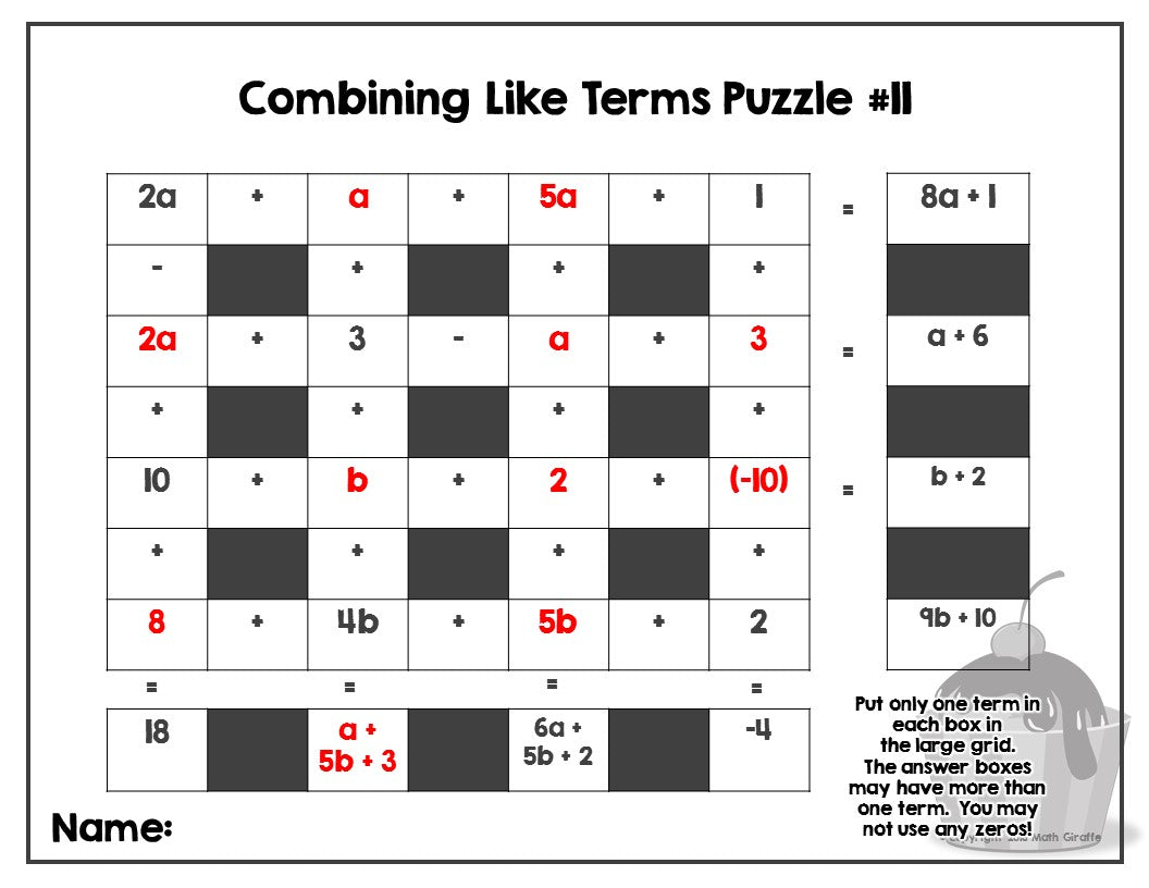 Combining Like Terms Puzzles – Math Giraffe Shop