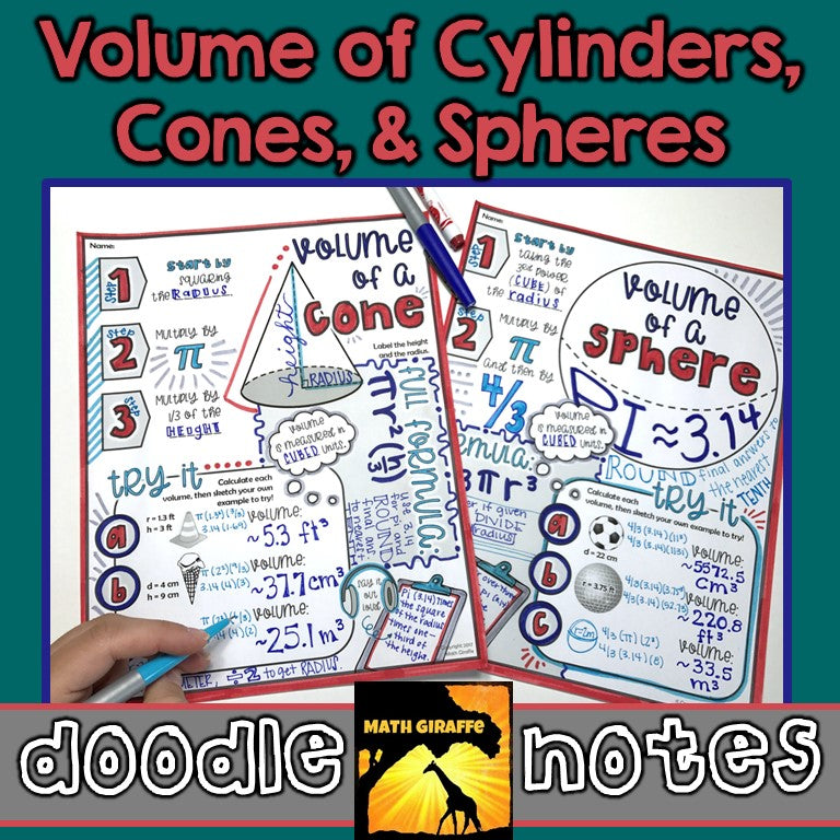 Volume of Cylinders, Cones, & Spheres Doodle Notes – Math Giraffe Shop